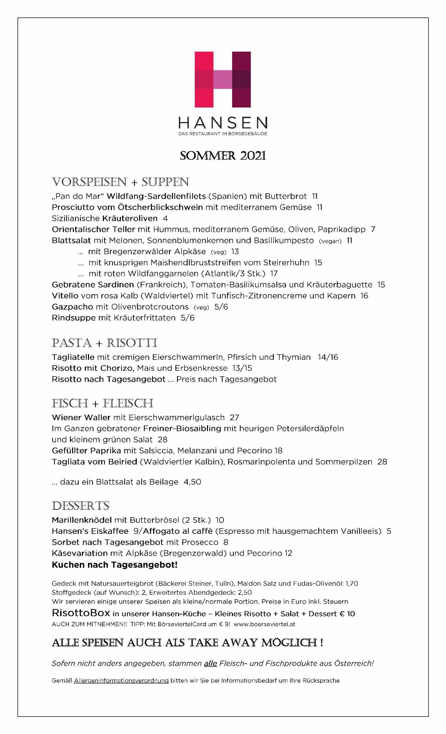 Speisekarte | Hansen